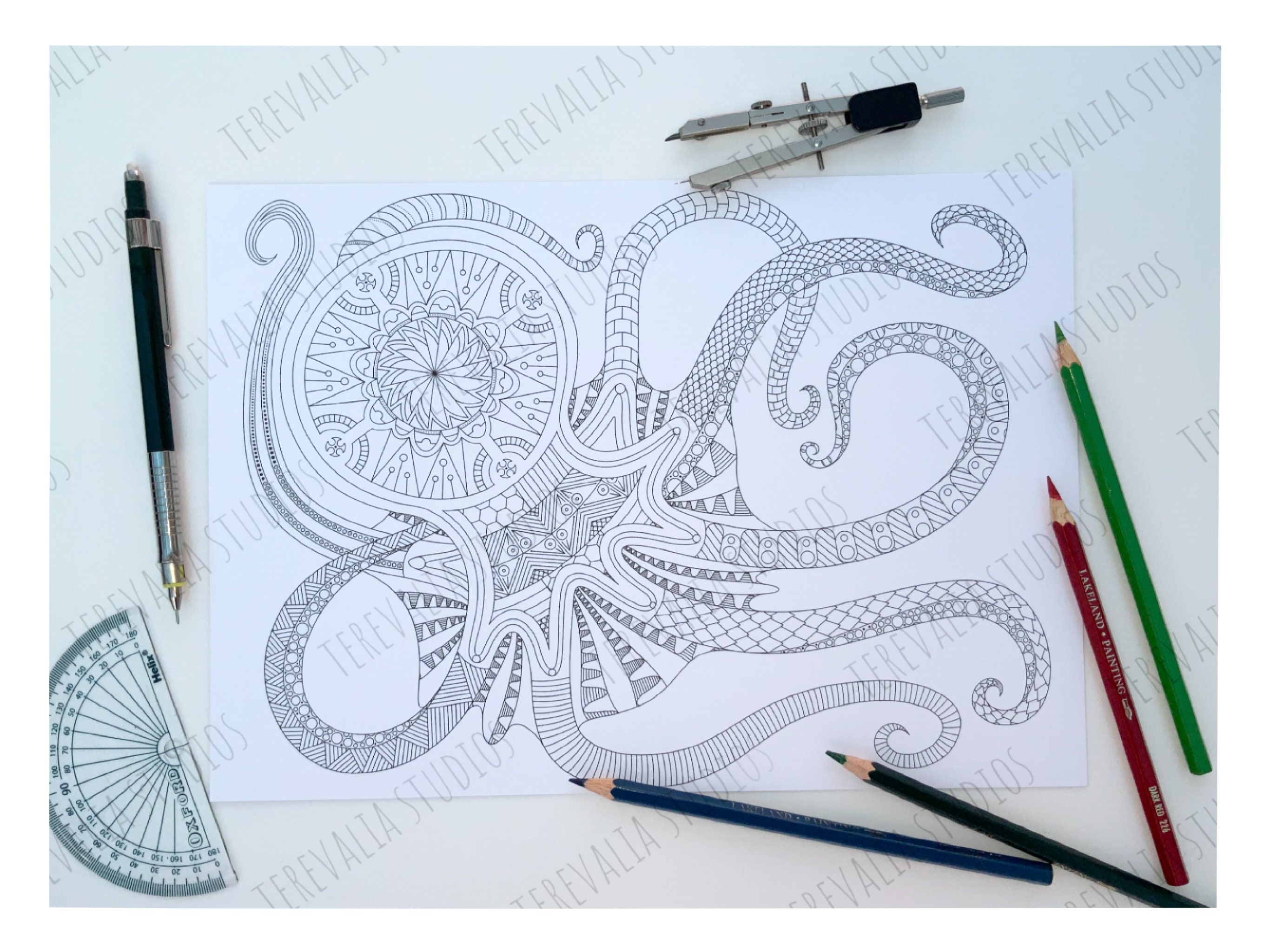 Digital Zentangle Colouring Page - Octopus | Downloadable Print | PDF ...