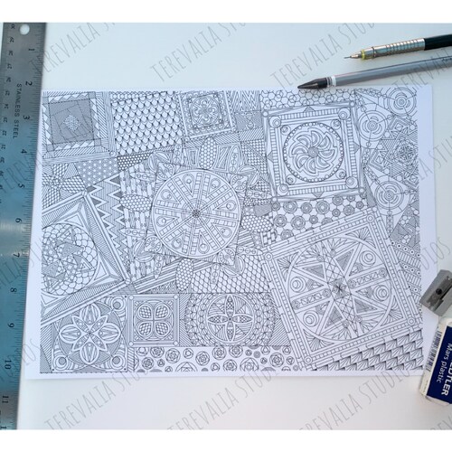 Digital Zentangle Colouring Page Patchwork Downloadable - Etsy