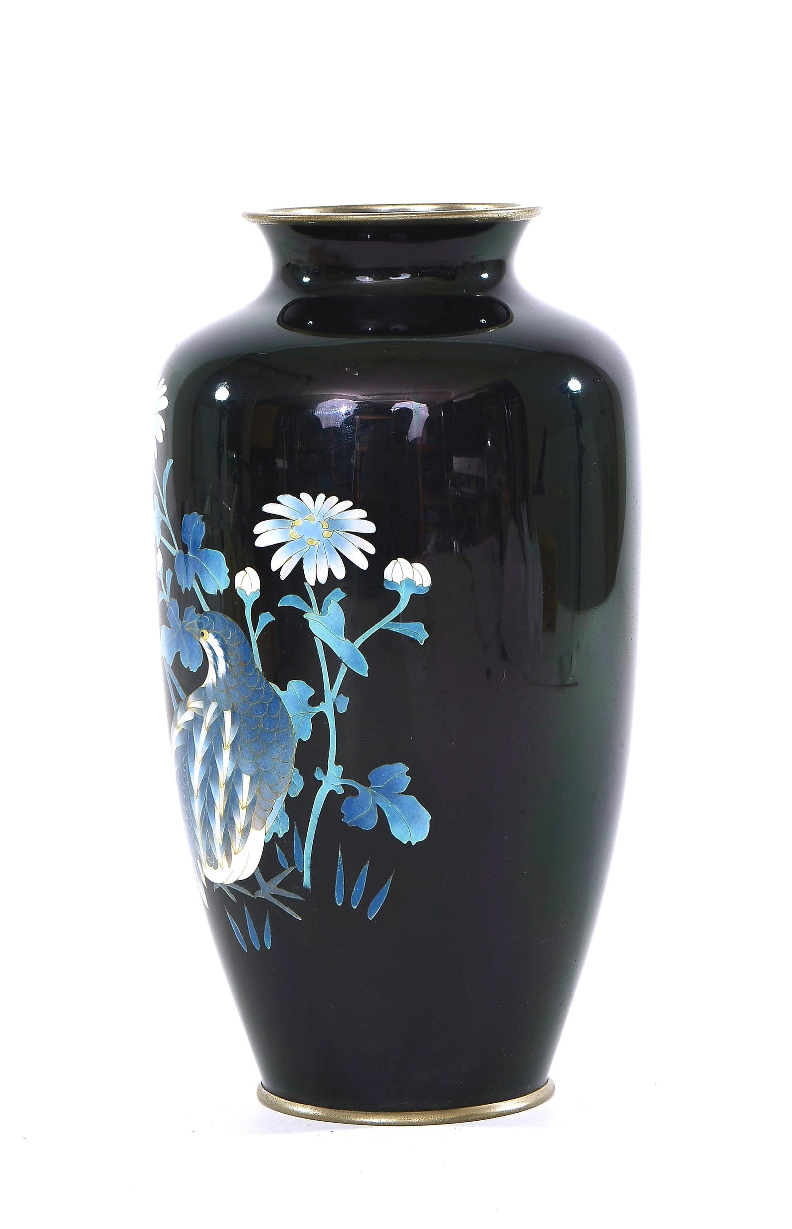 Vintage Japanese Black Cloisonne Enamel Shippo Vase With Quail Bird ...