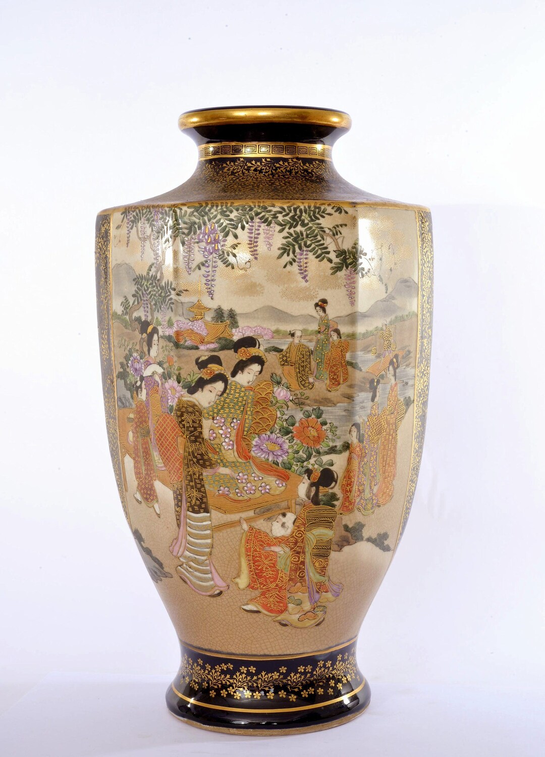 14" 37CM Old Japanese Cobalt Blue Hexagon Satsuma Earthenware Vase ...
