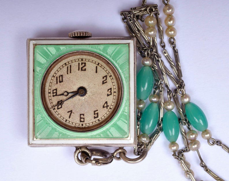 Swiss Gasser & Co Guilloche Enamel 925 Pendant Watch Chain Necklace ...
