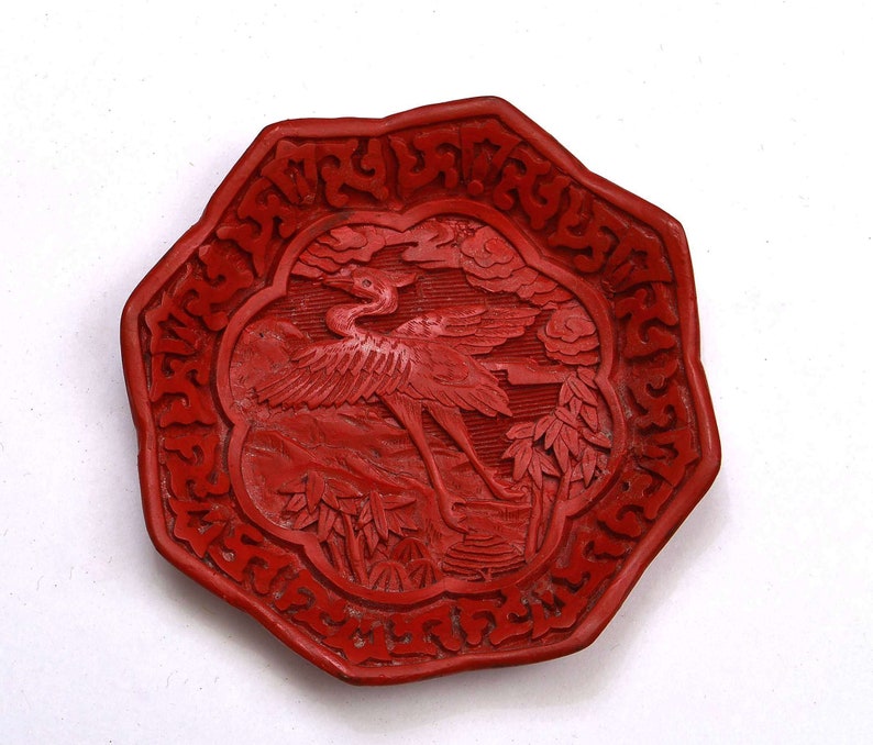 Vintage Chinese Cinnabar Lacquer Carved Carving Dish Plate Crane Bird ...
