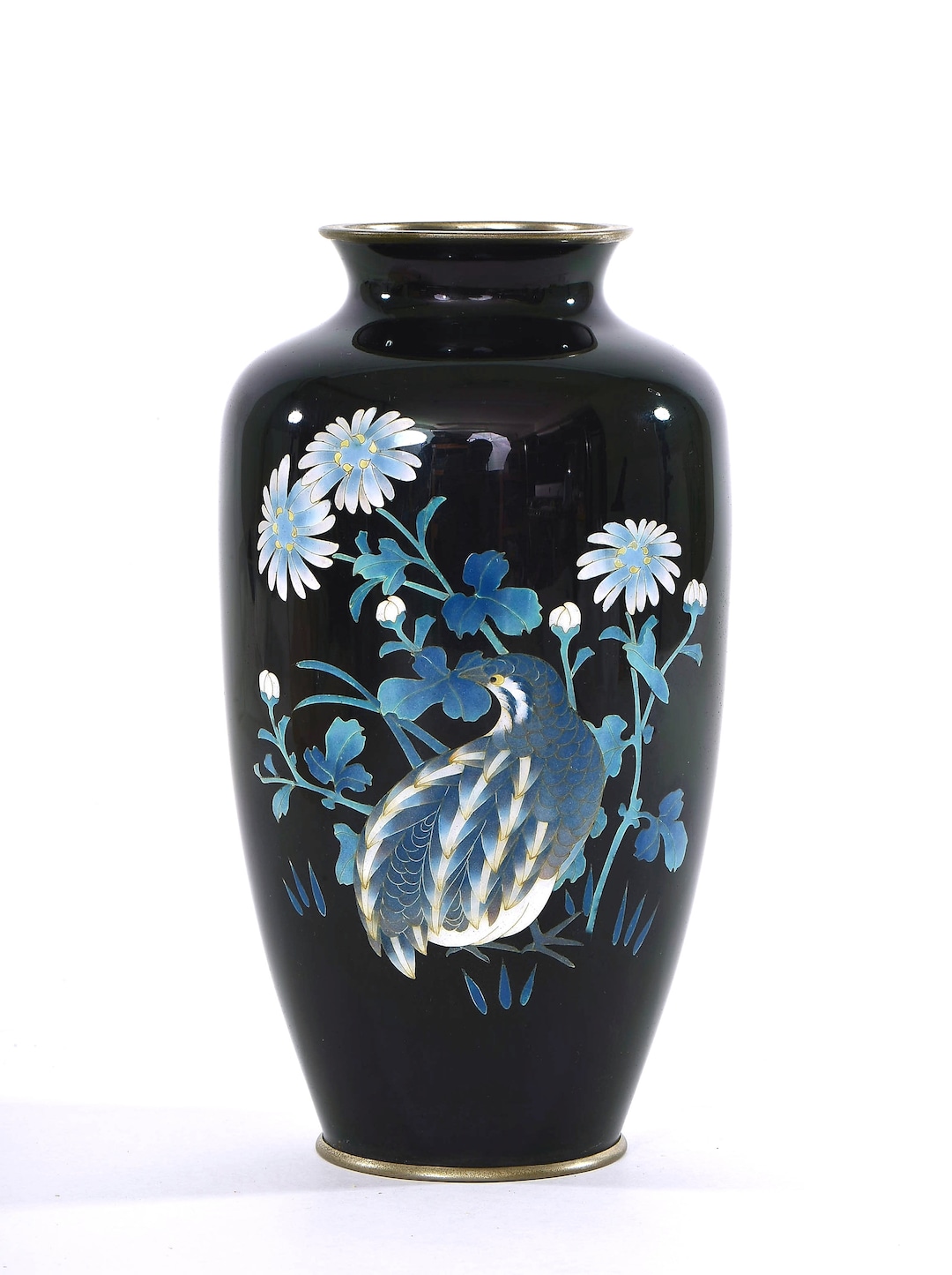 Vintage Japanese Black Cloisonne Enamel Shippo Vase With Quail Bird ...