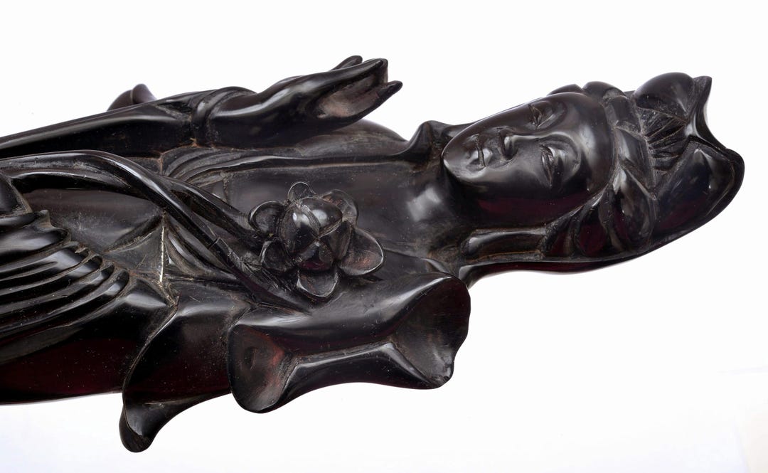 988G Chinese Dark Cherry Amber Bakelite Faturan Carved Carving Guanyin ...