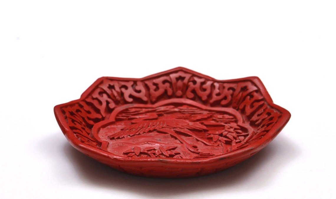 Vintage Chinese Cinnabar Lacquer Carved Carving Dish Plate Crane Bird ...