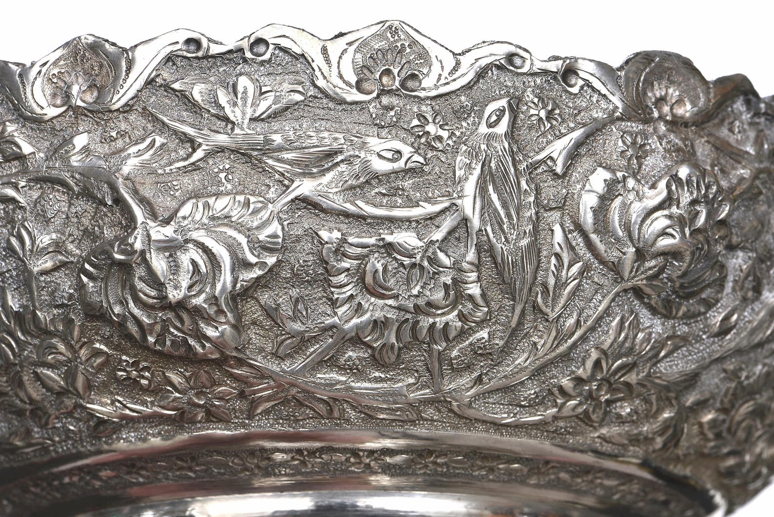 1930's Persian Silver Repousse Stem Bowl Tazza Compote Bird & Flower Mk ...