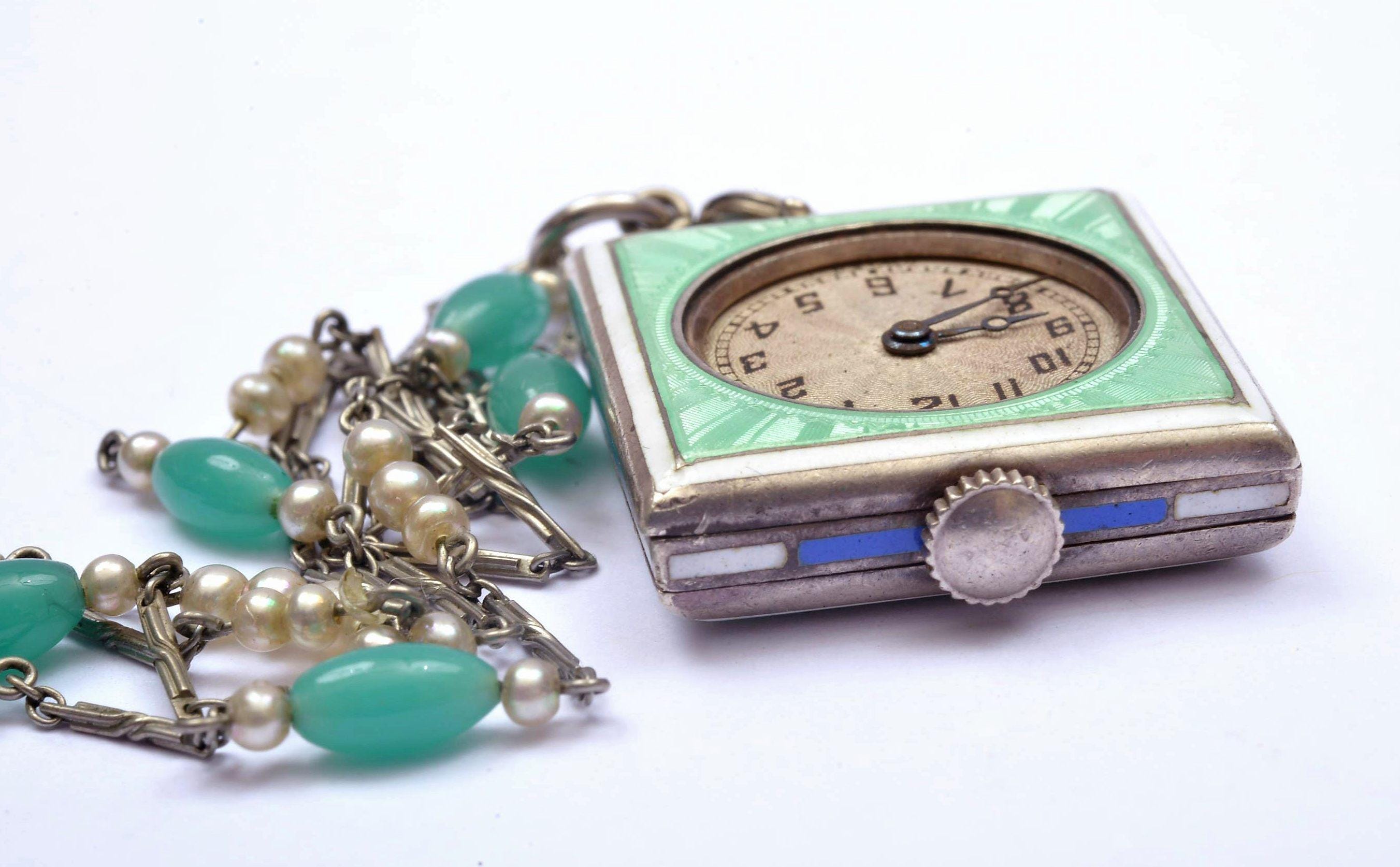 Swiss Gasser & Co Guilloche Enamel 925 Pendant Watch Chain Necklace ...