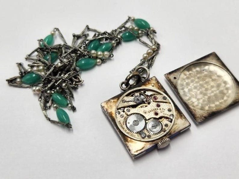 Swiss Gasser & Co Guilloche Enamel 925 Pendant Watch Chain Necklace ...