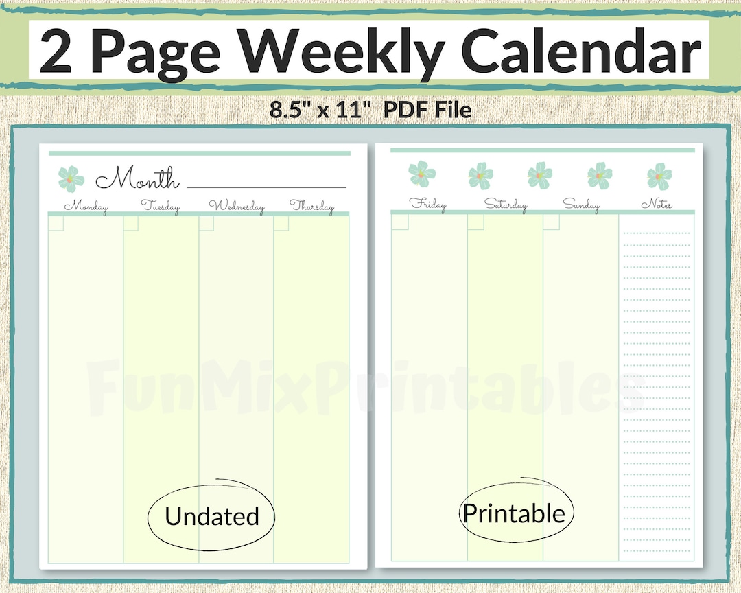 2 Page Weekly Calendar, Undated Printable Calendar, Letter Size Planner ...