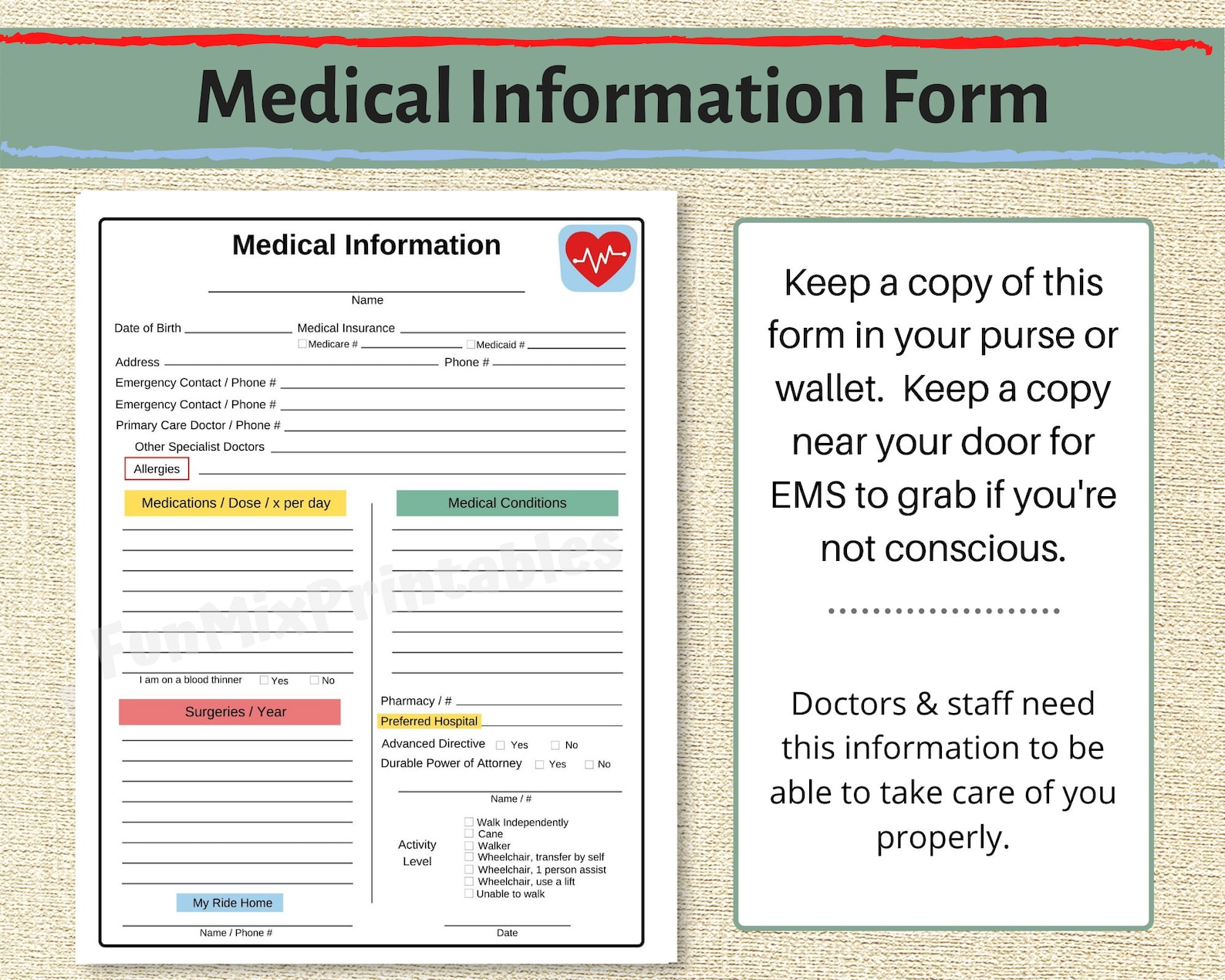 Medical Information Form / Emergency Contacts Form / Printable ...