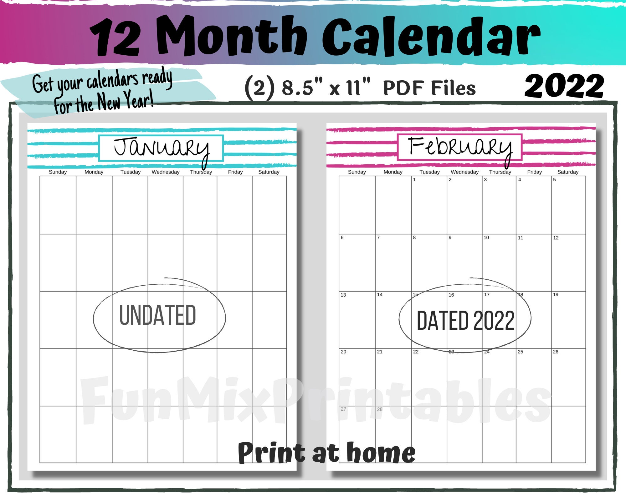 2022 Dated Calendar Printable Calendar Blank Undated - Etsy