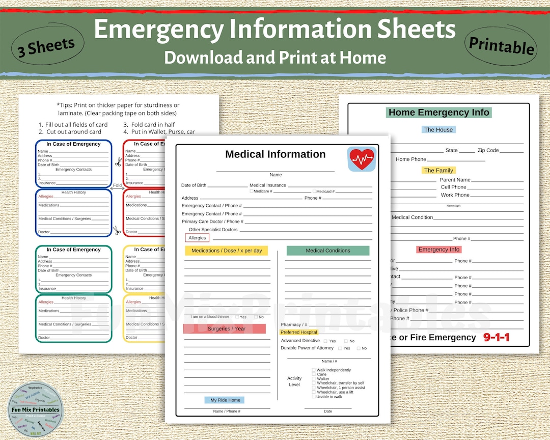 Medical Information Sheets / Emergency Medical Form / Printable ...