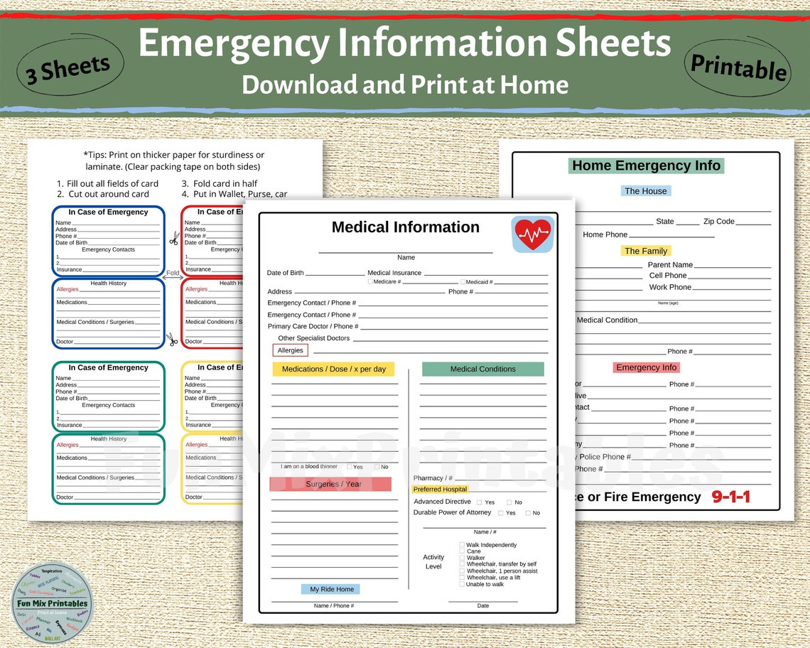 Medical Information Sheets / Emergency Medical Form / Printable ...