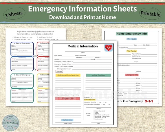Medical Information Sheets / Emergency Medical Form / | Etsy