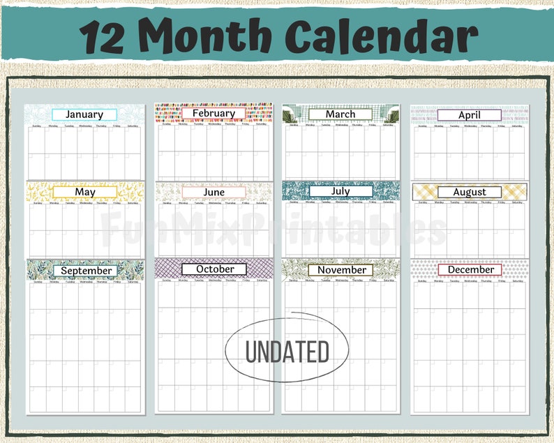 Undated Monthly Calendar Printable: 12 Month Planner (PDF) - Etsy