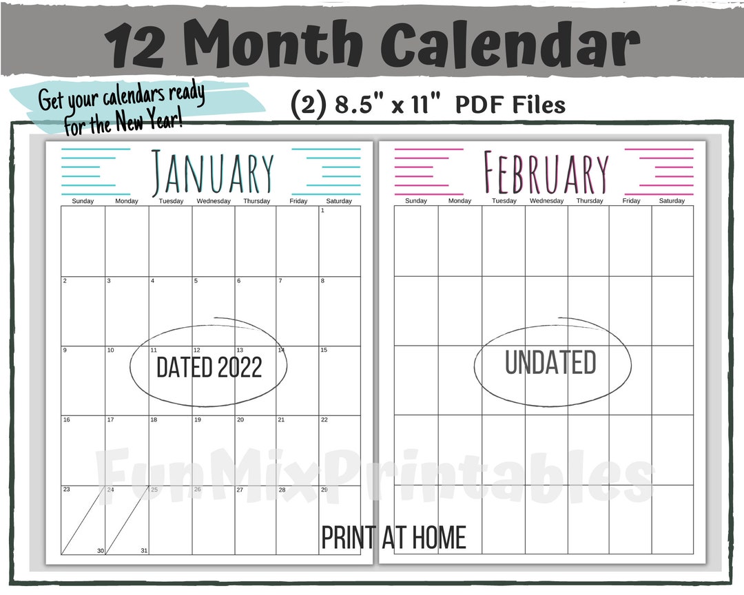 12 Month Calendar / 2022 Dated Monthly Calendar / Blank Printable ...