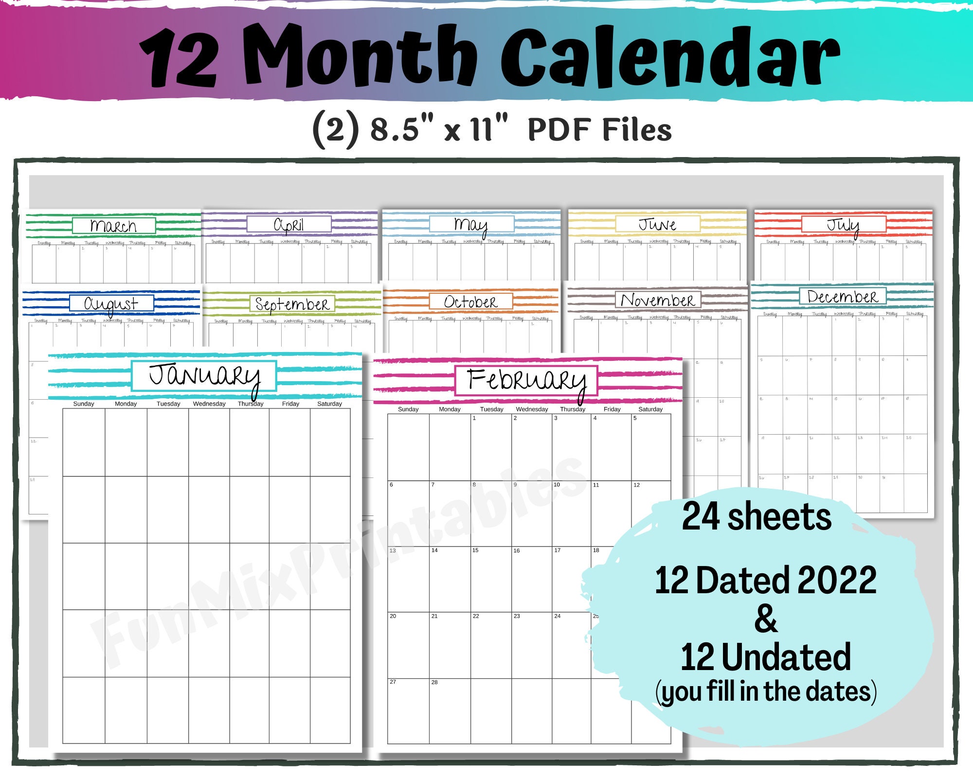2022 Dated Calendar Printable Calendar Blank Undated - Etsy