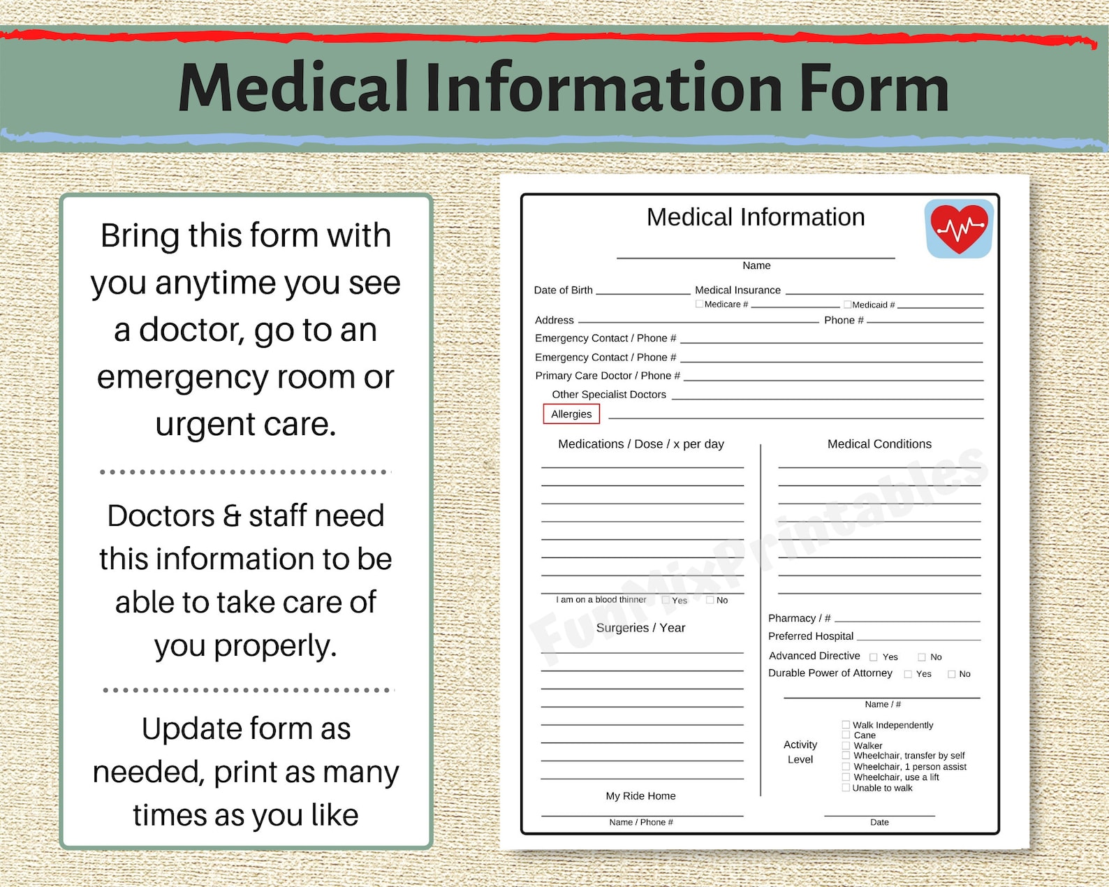 Medical Information Form / Emergency Contacts Form / Printable ...