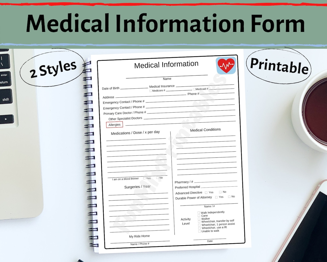 Medical Information Form / Emergency Contacts Form / Printable ...