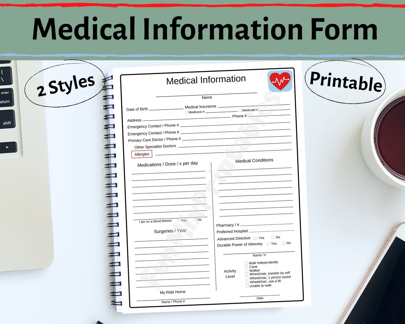 Medical Information Form / Emergency Contacts Form / Printable ...