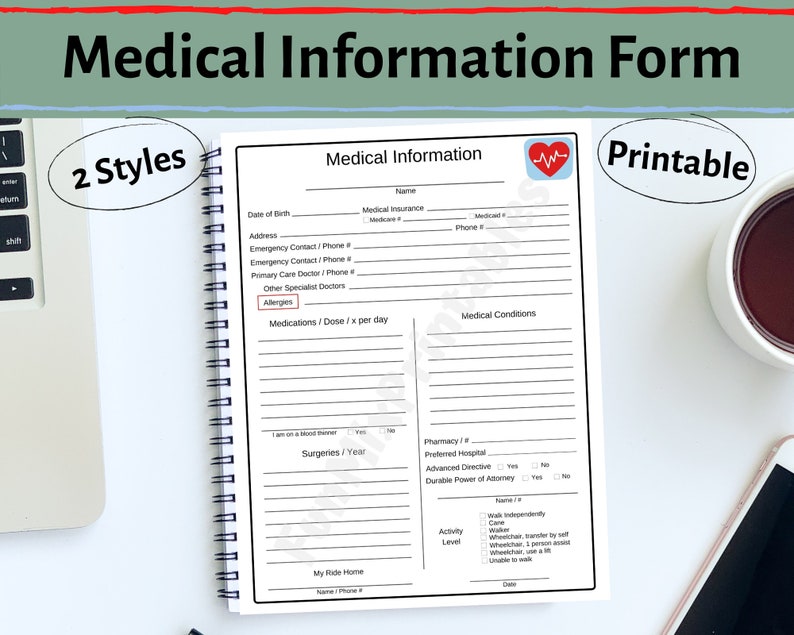 Medical Information Form / Emergency Contacts Form / Printable ...