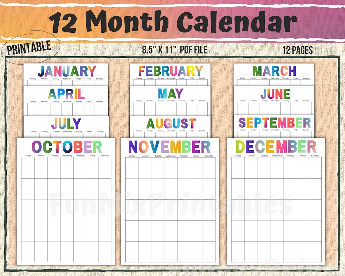 Printable Calendar, 12 Month Calendar, Undated Calendar, Vertical ...