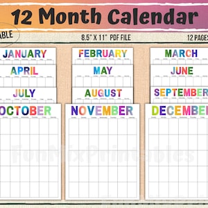 Printable Calendar, 12 Month Calendar, Undated Calendar, Vertical ...