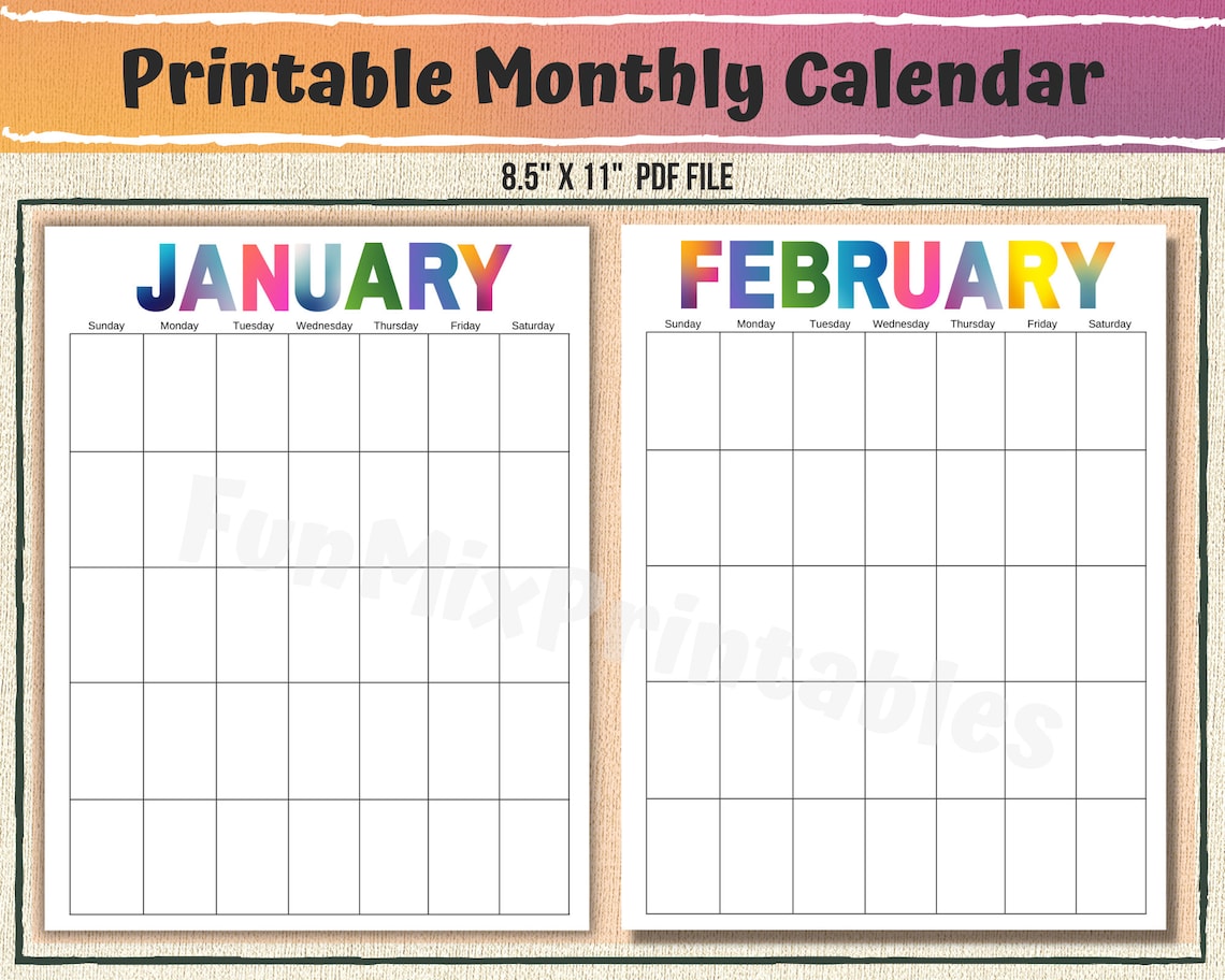 Printable Calendar, 12 Month Calendar, Undated Calendar, Vertical ...