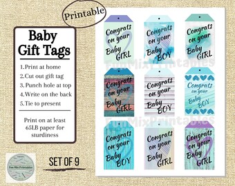 Die Cut Hand Stamped Baby Gift Tags, Set of 5, With Hand Stamped Blue ...