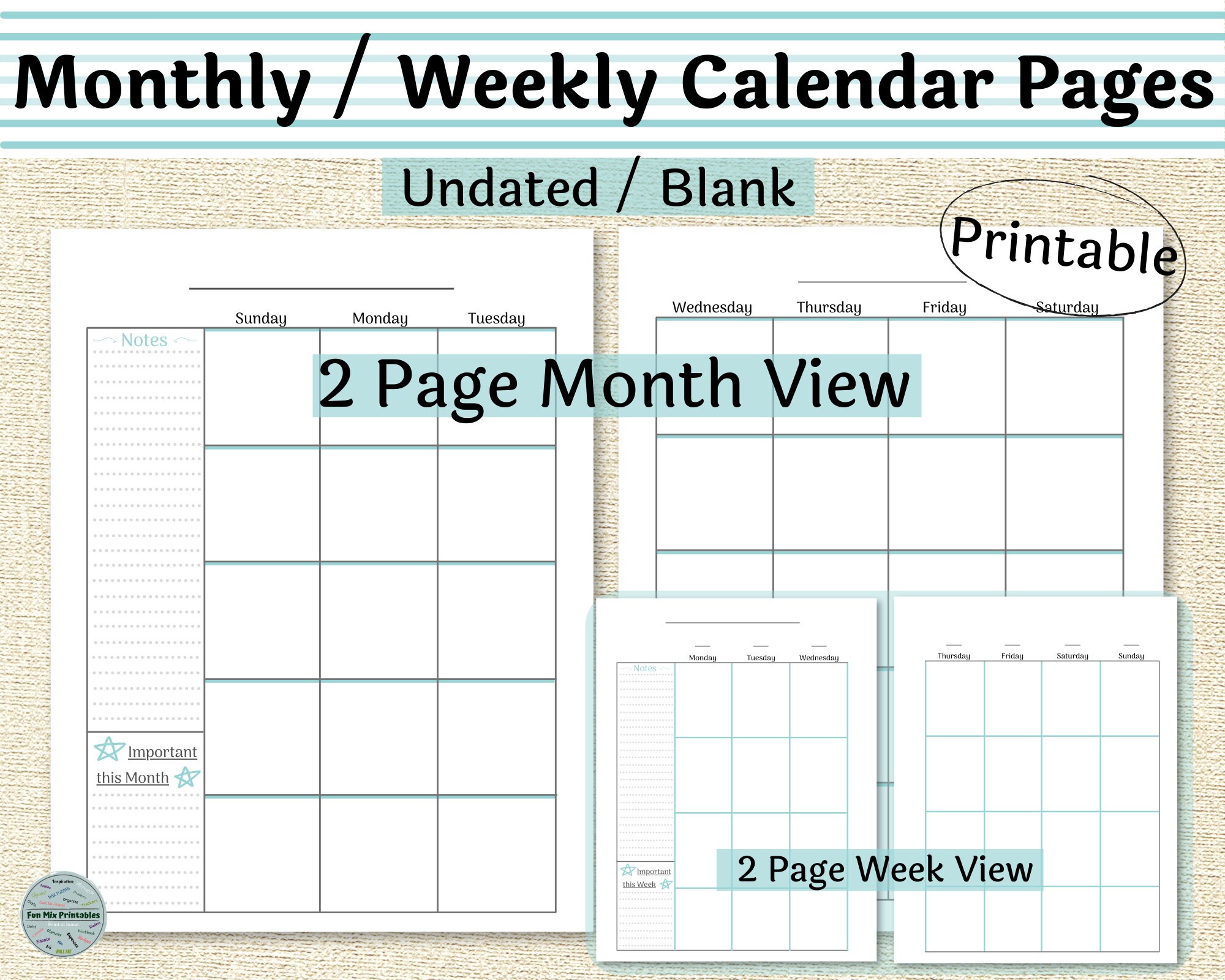 2 Page Monthly & Weekly Calendar, Undated Printable Calendar, A5 ...