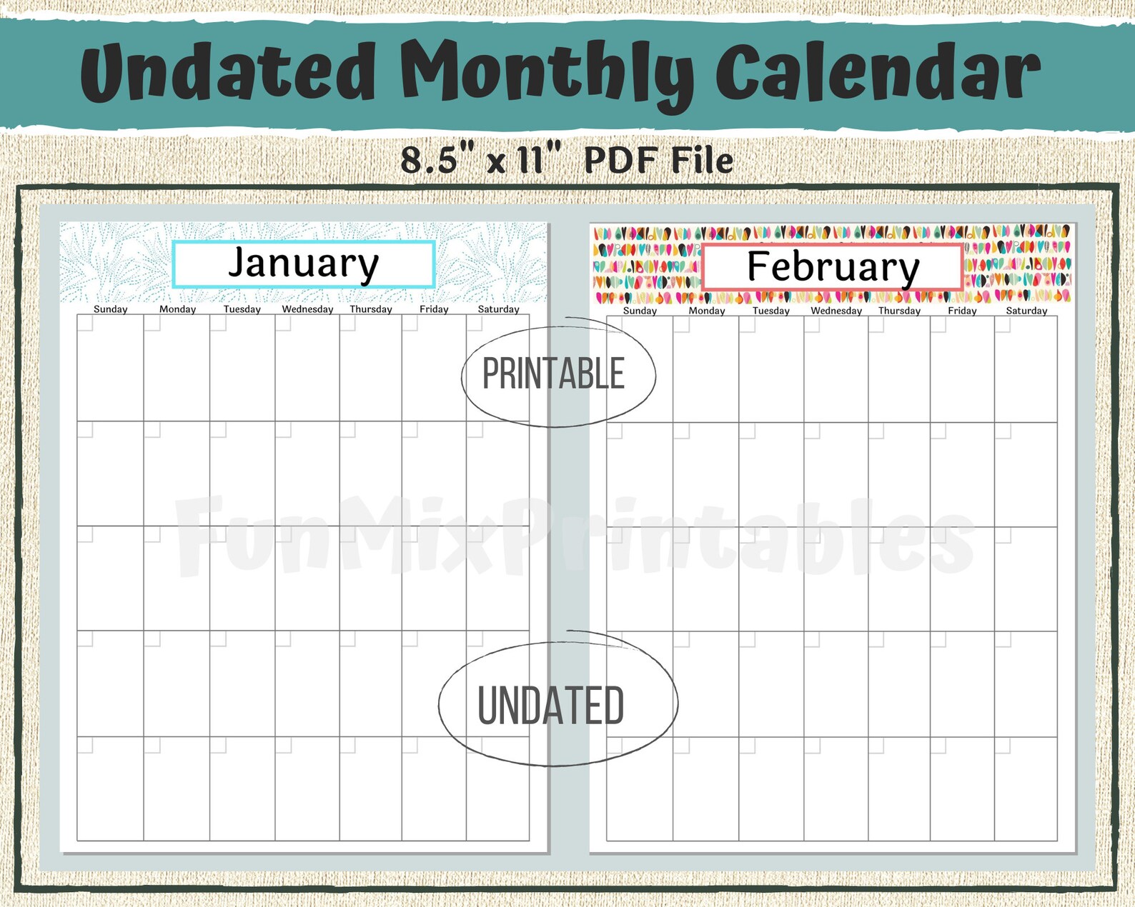 Undated Monthly Calendar Printable: 12 Month Planner (PDF) - Etsy