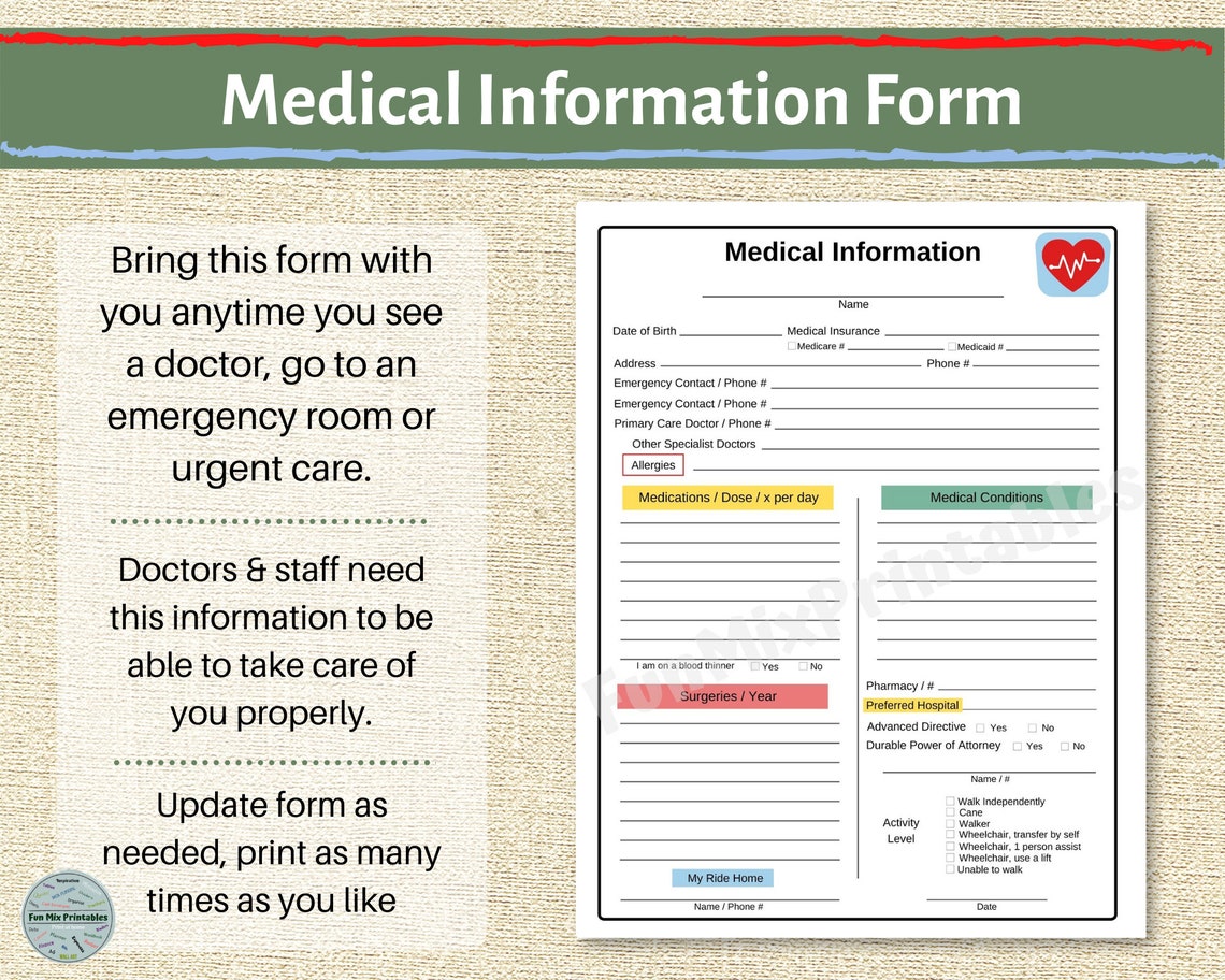 Medical Information Sheets / Emergency Medical Form / Printable ...
