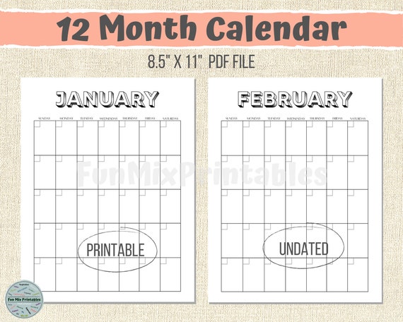 12 Month Calendar / Printable / Undated / December 2020 | Etsy