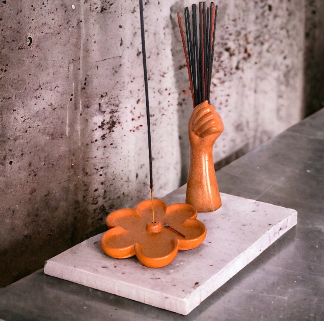 Handcrafted Concrete Incense Burner Set – Sculpted Hand + Two Flower ...