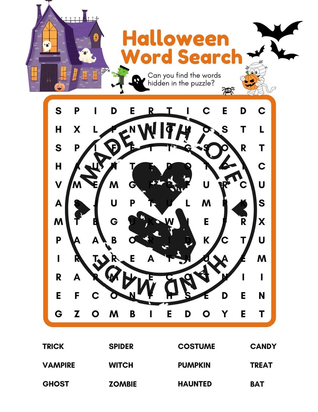 Printable Halloween Wordsearch for Kids With Answer Key - Etsy