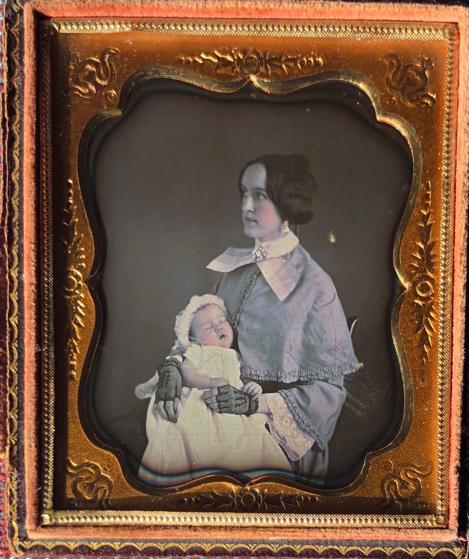 Mother and Infant in Her Lap. Delicate Tinting and silver Pin Pricked ...