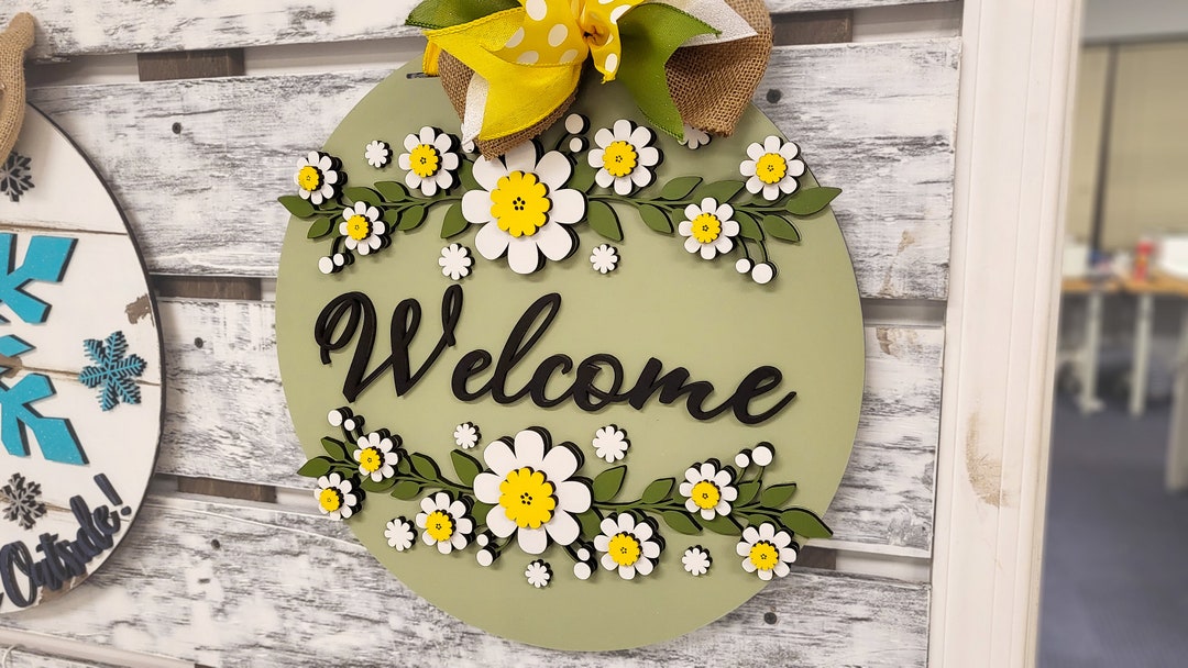 Handpainted Wood Welcome Door Sign, Floral Door Hanger, Front Door ...