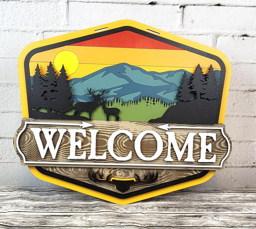 Hand Painted Wooden Welcome Sign: Rustic Mountain Scene Door Decor - Etsy