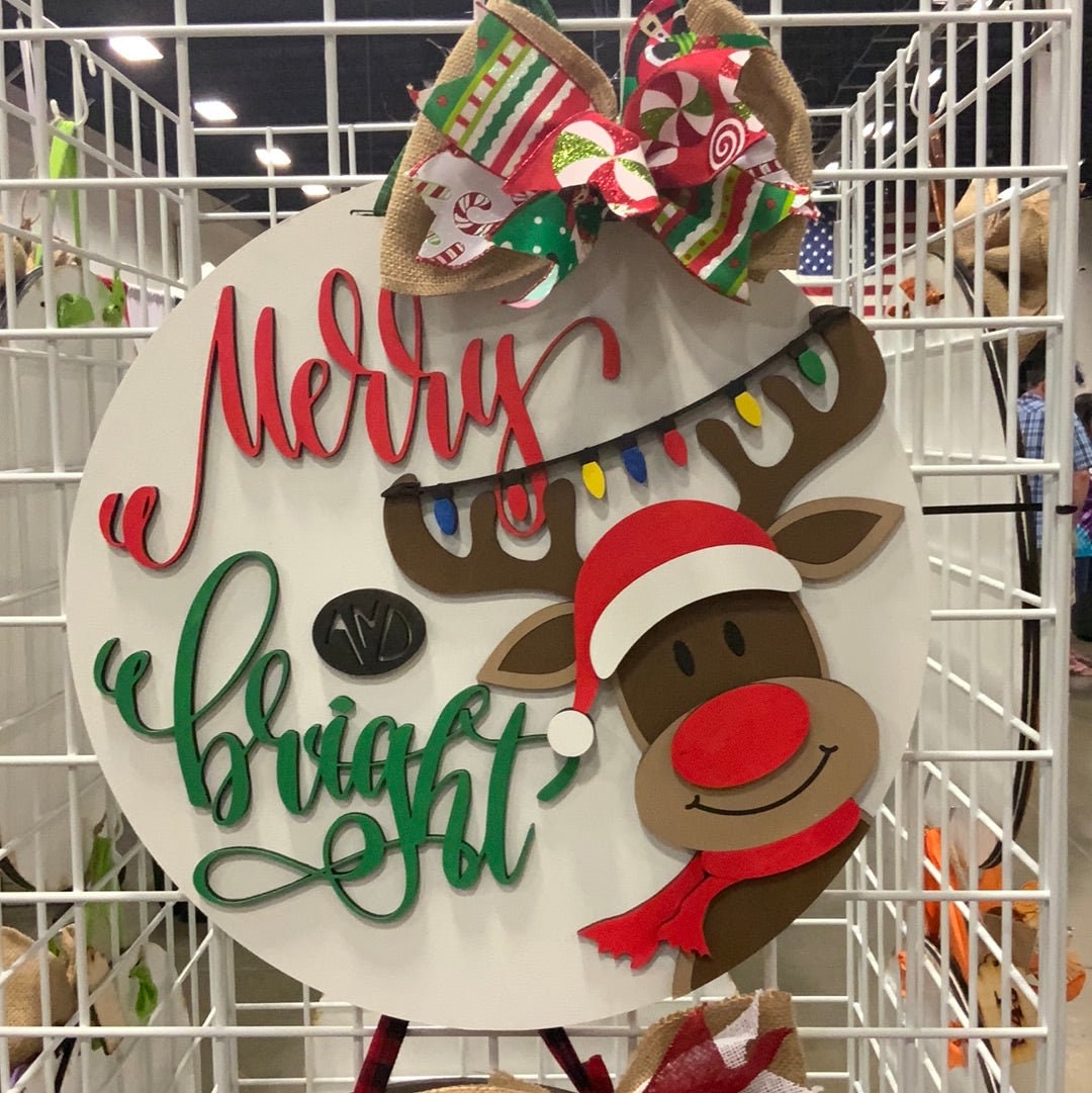 Merry and Bright Door Hanger Sign, Christmas Reindeer Wall Decor ...