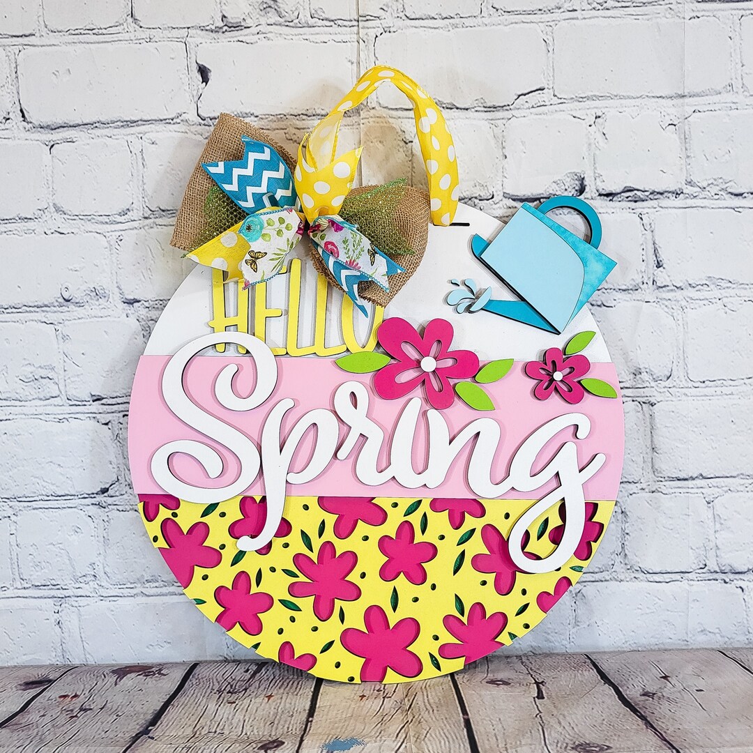 Hand Painted Door Hanger Sign Spring Welcome Sign Floral Hanging Decor ...