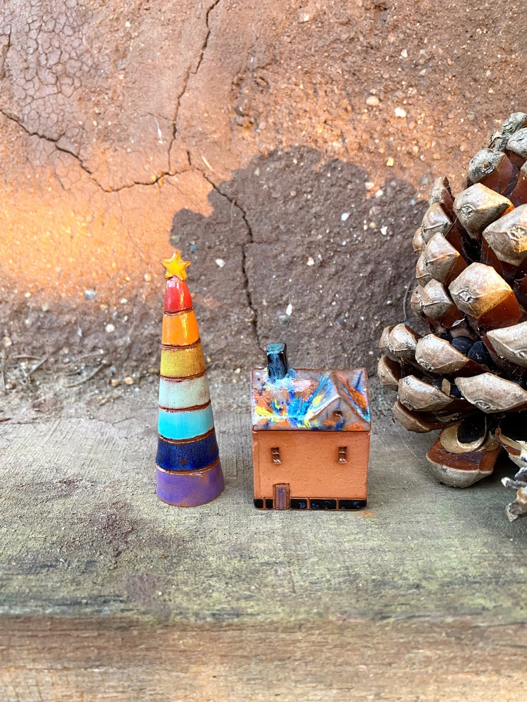 Limited for Christmas Set of 2 Tiny Ceramic House& Rainbow Tree, Mini ...