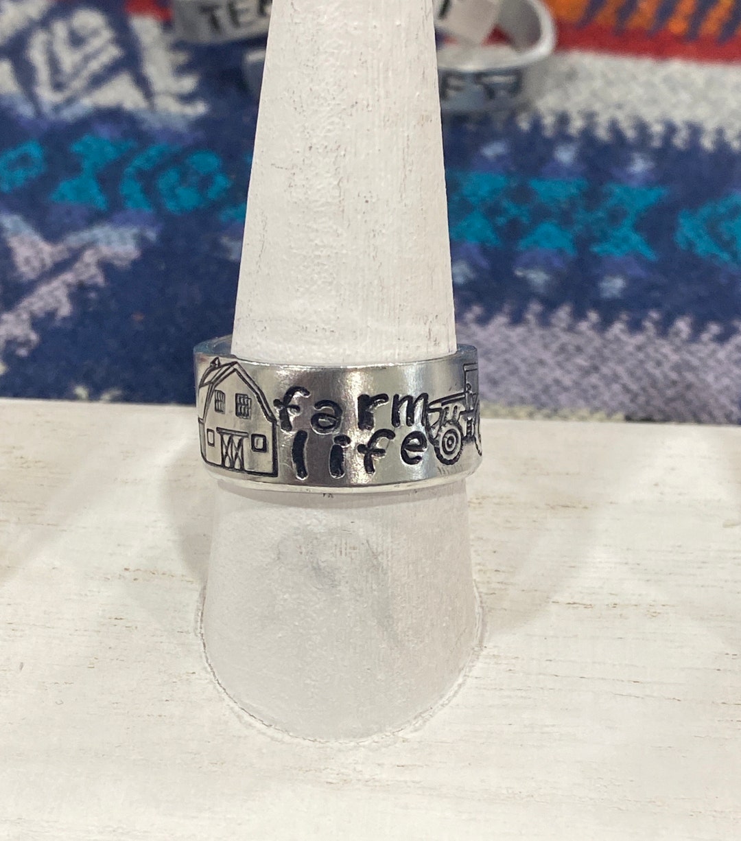 Farm Life Metal Stamped Ring, Metal Stamper Ring, Hand Stamped Jewelry ...