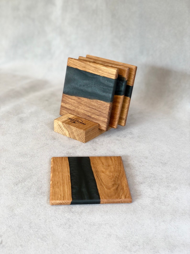 Set of 2/4/6 Resin & Wood Square Coasters | Handmade | Oak | Home ...
