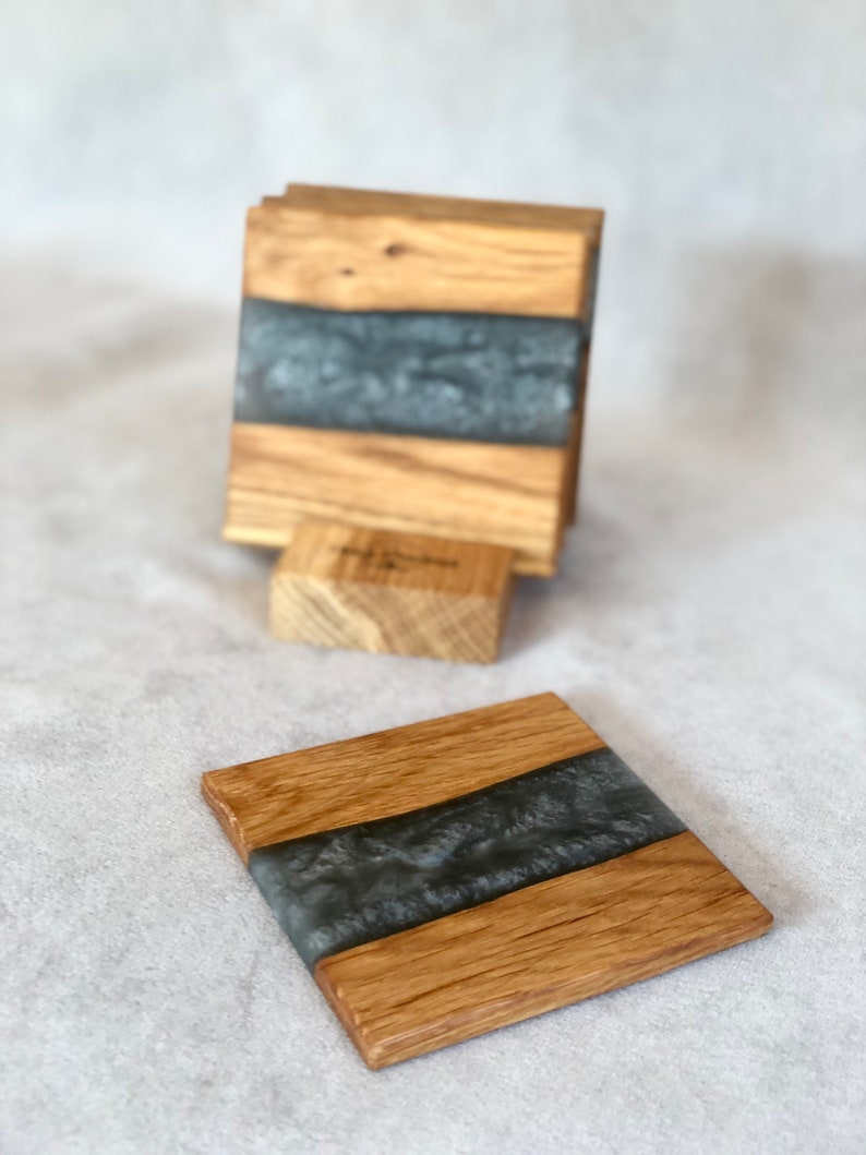 Set of 2/4/6 Resin & Wood Square Coasters | Handmade | Oak | Home ...