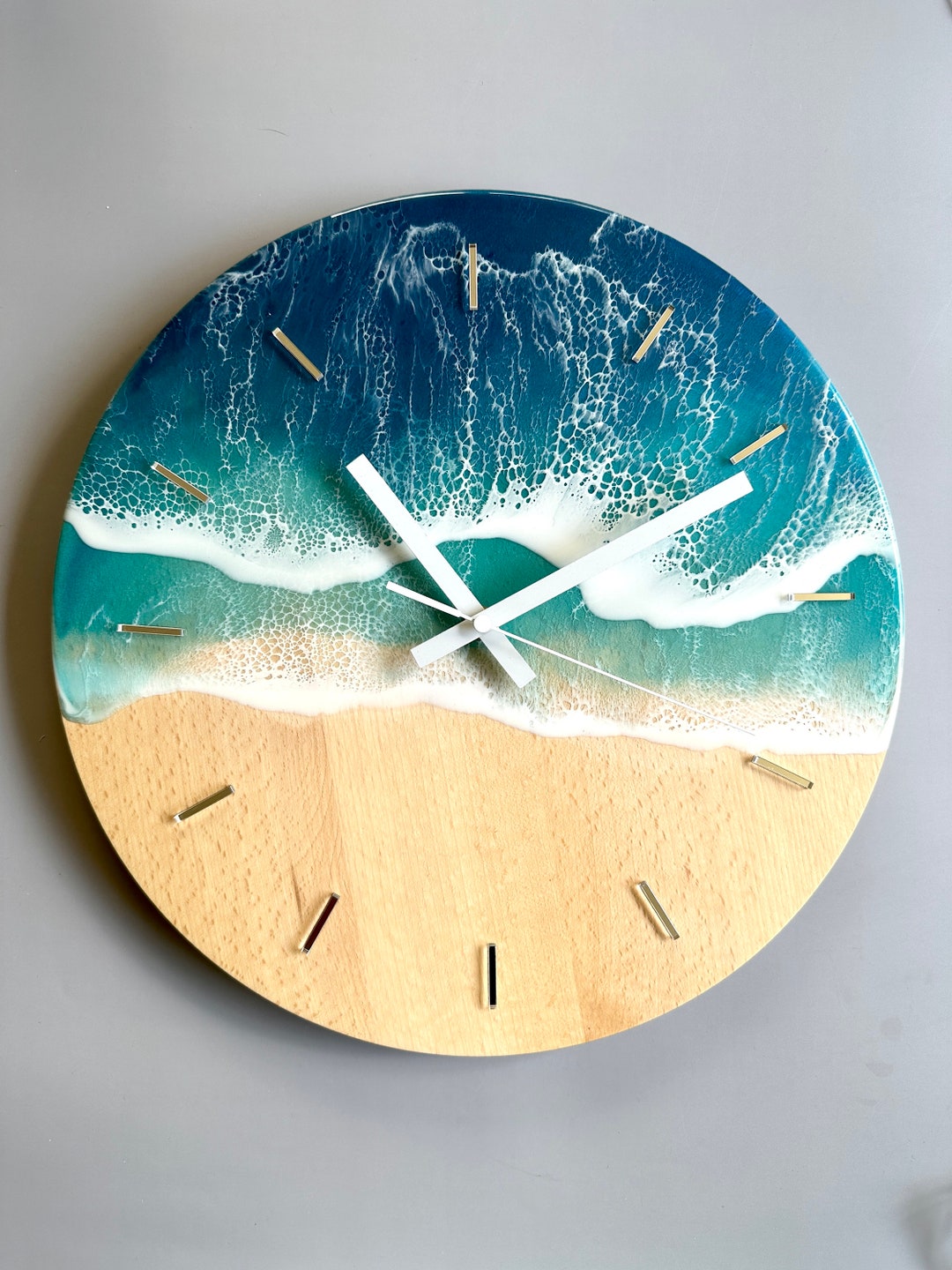 Wall Clock Surfing Style Resin Epoxy Blue Wave and Beech Wood Watch ...