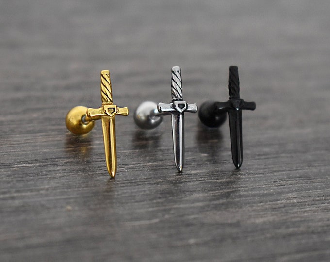 Sword Cartilage Earring With Screw Ball Back, SINGLE Dagger Earring ...