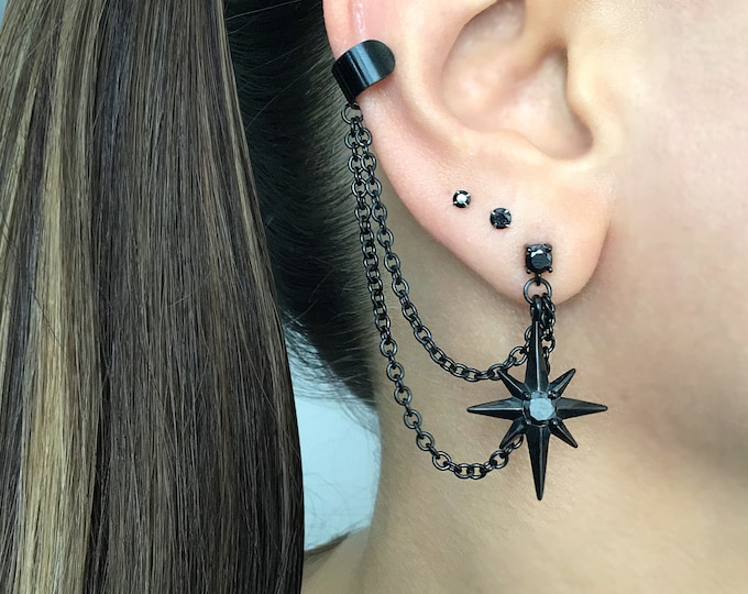 Starburst Earrings With Ear Cuff ,starburst Earrings, Black Earrings ...