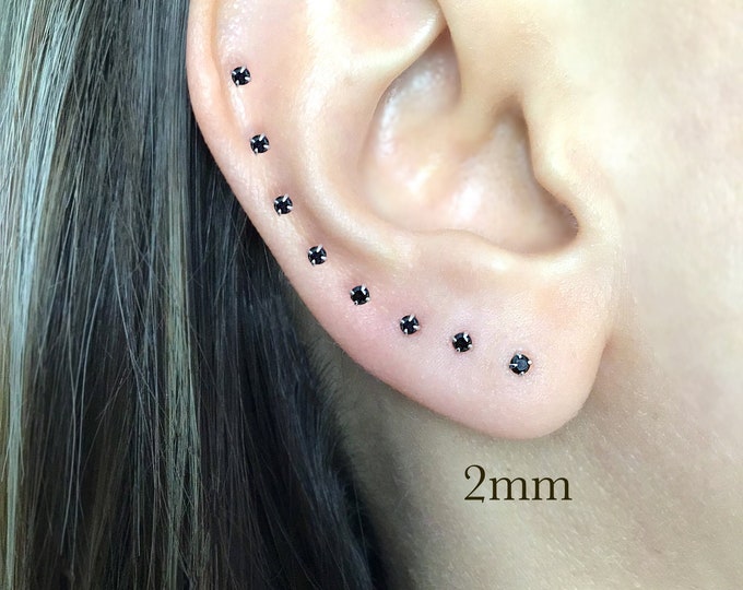 Sterling Silver Black Stud Earrings, Black Studs, 2mm Studs, Tiny ...