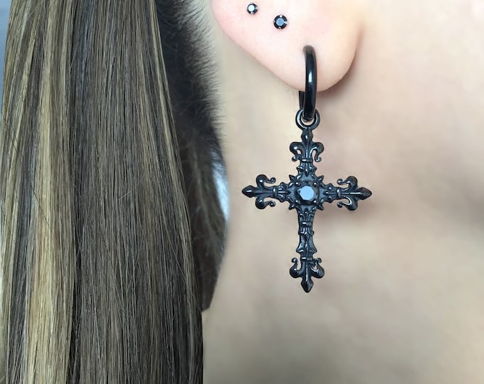 Cross Hoop Earrings Cross Earrings, Black Earrings, Gothic Earrings, Gothic Cross Hoops, Large ...
