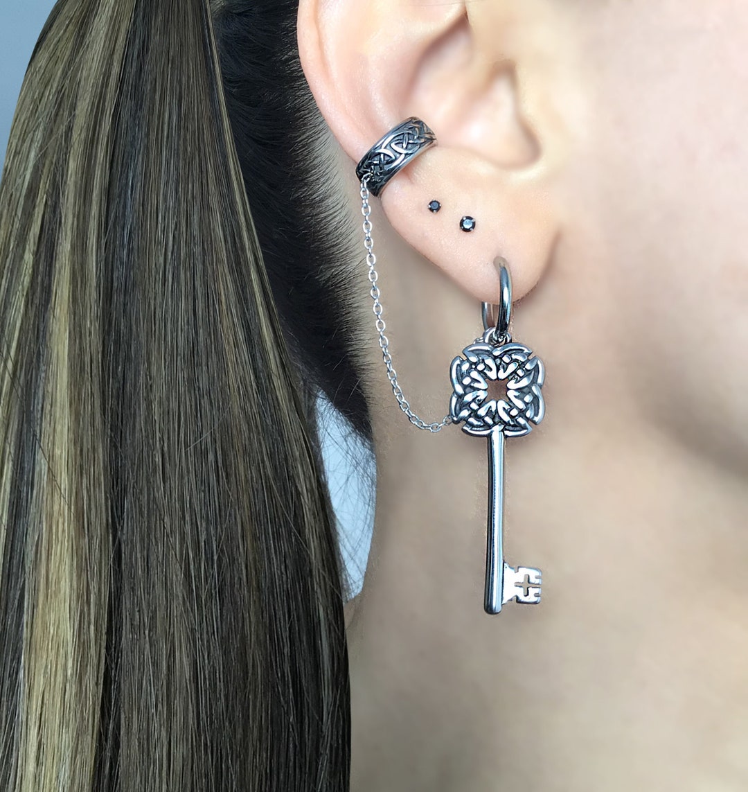 Key Earring With Ear Cuff , Celtic Key Earring, Key Hoop Earring, Hoop ...